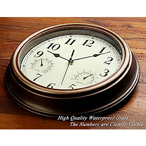 Rsobl 12 Inch Indoor Outdoor Wall Clock Waterproof with Temperature and Humidity Combo,Battery Operated Non Ticking Silent Clock Wall Decorative