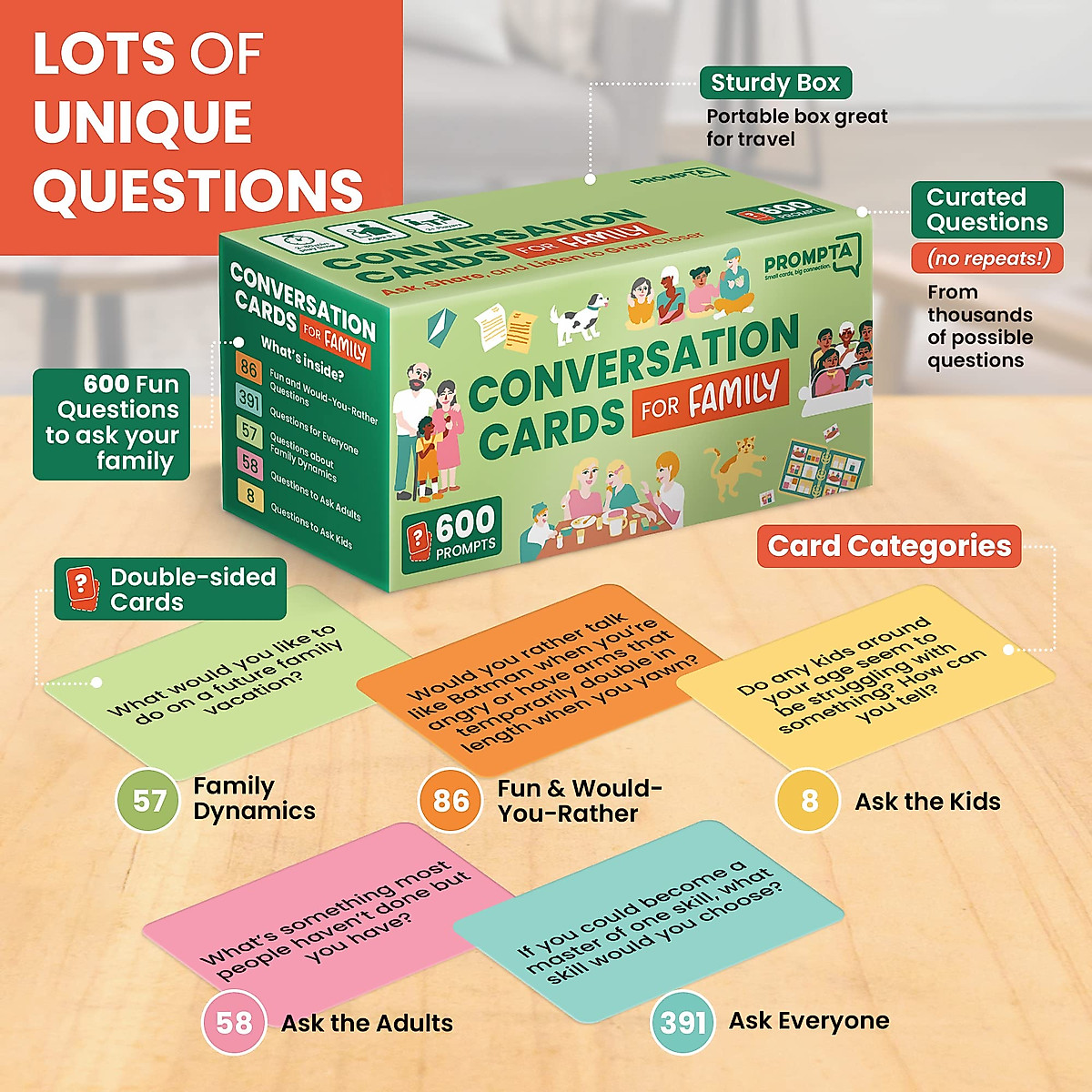 Prompta 600 Conversation Cards for Families – Fun Conversation Starters Card Game for Adults and Families – Road Trip Must Have Travel Game to Get to Know Your Family - Kids Dinner Time