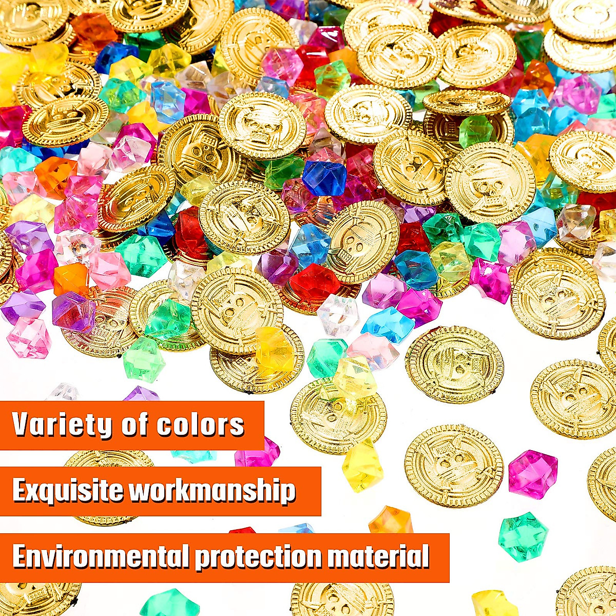 Pirate Treasure 100 Pieces Gold Coins and 100 Pieces Gem Jewelry Treasure Fake Gold Coins Toys for Pirate Party Decorations Halloween Adventure Themed Event Party Supplies