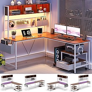 Dowinx L Shaped Desk with Pegboard and Removable Filing Cabinet, Reversible 67” Computer Gaming Desk with Power Outlet and Led, Office Corner Desk with Storage for Home Game, Brown