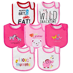 7Pcs Cotton Waterproof Baby Bibs Unisex Pink Newborn Babies Infant Food Bibs Adjustable Hook Loop Infant Bibs Baby Shower Keepsake Gift for Drooling Feeding Eating Teething, 6-12 Months