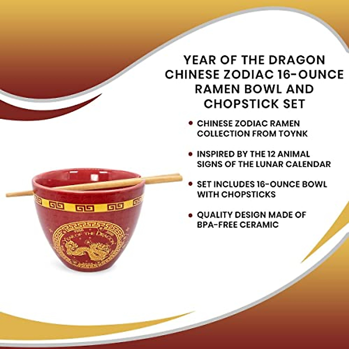 Boom Trendz Year Of The Dragon Chinese Zodiac Ceramic Set | Includes 16-Ounce Ramen Noodle Bowl and Wooden Chopsticks Asian Food Dish For Home & Kitchen Kawaii Lunar New Gifts, Red, One Size