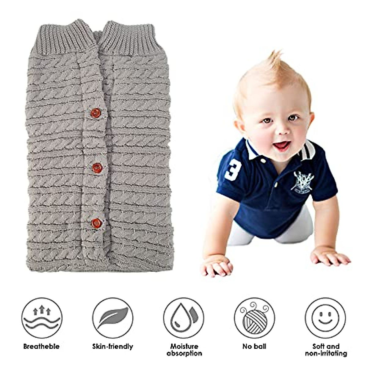 Newborn Baby Swaddle Blanket, Baby Kids Toddler Knit Soft Warm Fleece Blanket Swaddle Sleeping Bag Stroller Unisex Wrap for Boys Girls (Grey)