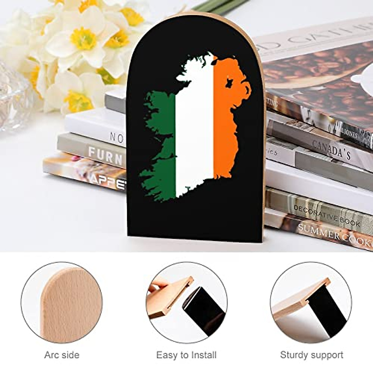 Ireland Flag Map Wood Book Ends for Shelves Non-Skid Bookend Book Stand Book Holder Stopper for Home Office School