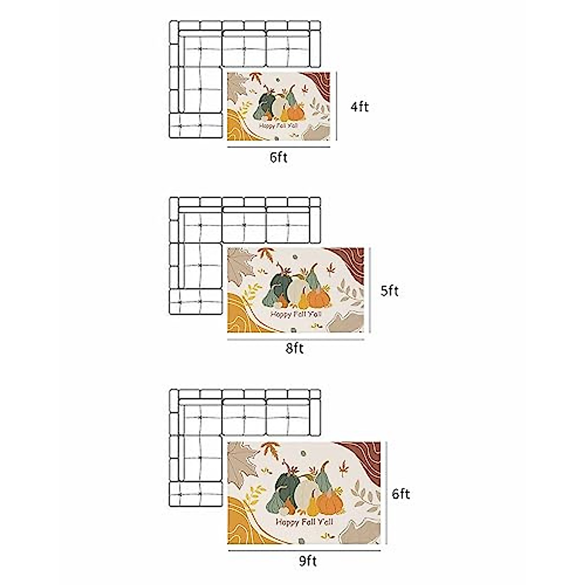 Fall Thanksgiving Outdoor Rug for Patio, Large Floor Mat Happy Y'all Boho Style Pumpkin Non Slip Area Rug Rubber Backing Quick Dry Clearance Carpet for Camping Rugs, Garden, Lawn, Deck, Porch, 6' x 9'