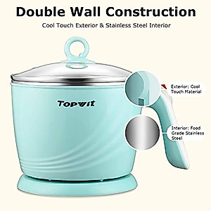 Topwit Electric Hot Pot Mini, Electric Cooker, Noodles Cooker, Electric Kettle with Multi-Function for Steam, Egg, Soup and Stew with Over-Heating & Boil Dry Protection, Dual Power, 1.2L, Green