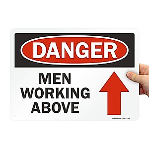 SmartSign - U9-1917-NP_10x14 "Men Working Above" Sign | 10" x 14" Plastic Black/Red on White