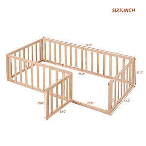 Bellemave Twin Size Floor Bed for Kids, Montessori Beds with Fence Railings and Door, Wood Playhouse Bed Frame for Boys Girls, Natural