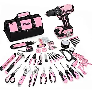 SHALL 247Pcs 20V Cordless Drill Driver & Household Tool Kit for Women, Pink Electric Power Drill Screwdriver and Home Hand Tool Set with 14” Storage Tool Bag for DIY, Home Repair/Maintenance