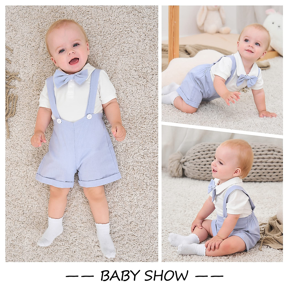 bilison Baby Boy Clothes Gentleman Bowtie Romper and Overalls Suspenders Pants Wedding Tuxedo Outfits(blue,0-6m)