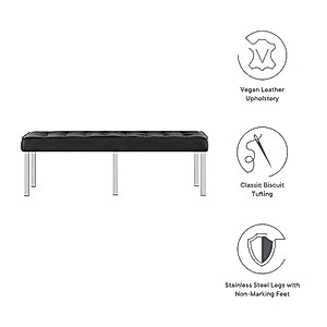 Modway Loft Tufted Button Faux Leather Upholstered Large Accent Bench in Silver Black