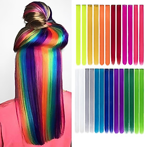 26 Pack Colored Party Highlights Clip in Hair Extensions for Girls 20 inches Multi-colors Straight Hair Synthetic Hairpieces In The Party(13colored)