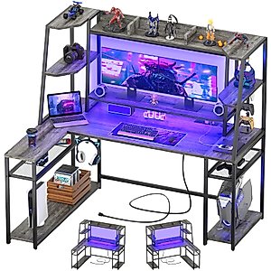 63'' Large L Shaped Gaming Desk with LED Lights & Power Strips, Reversible Gaming Table Desk with Hutch, L-shaped PC Gaming Desk with Storage, L Gamer Desk with Monitor Stand & Hook, Grey Oak