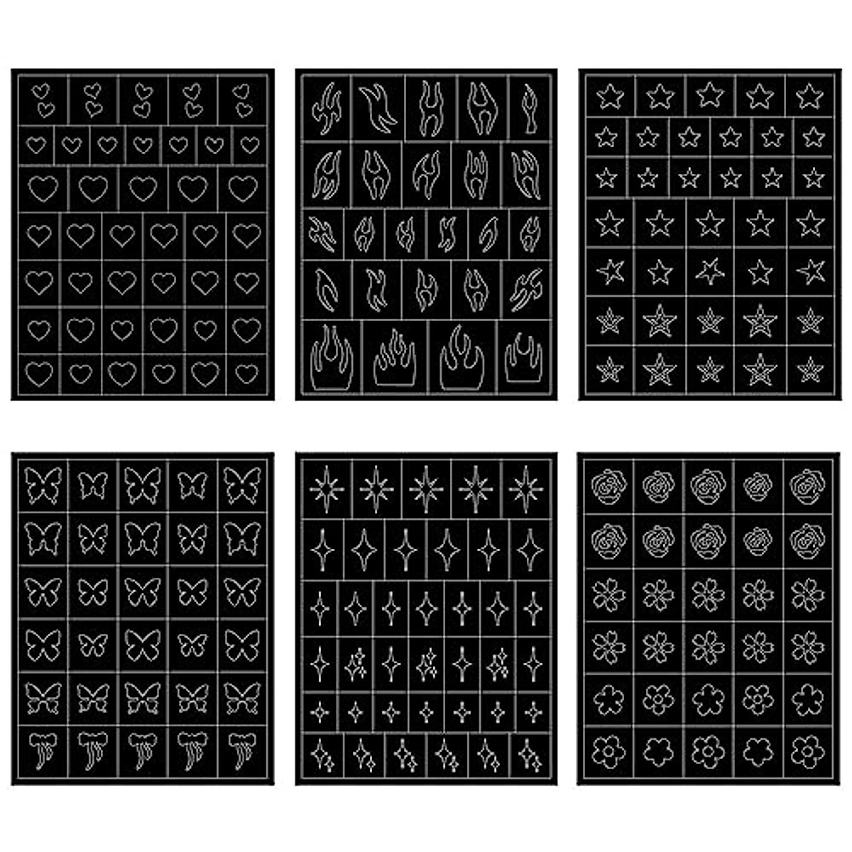 6 Sheets Airbrush Stencils Nail Stickers,3D Hollow Butterfly Flame Four Pointed Stars Heart Star Nail Decals Printing Template Stencil Tool for Women DIY Nail Art Supplies Nail Design Nail Decorations