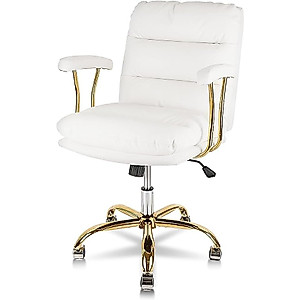 KLASIKA Ergonomic Office Desk Chair for Heavy People with Wheels and Arms, Faux Leather Computer Chair for Home Bedroom Office, White Chair Gold Caster