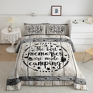 Camping Adventure Comforter Set Full Size,Camper RV Trailer Decor Bedding Set 3pcs for Kids Boys Girls Adults,Retro Wooden Plank Cottage Down Comforter,Rustic Farmhouse Duvet Insert,2 Pillowcases