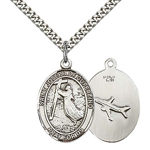 F A Dumont Sterling Silver St. Joseph of Cupertino Pendant with 24" Stainless Steel Heavy Curb Chain. Patron Saint of Pilots/Airforce
