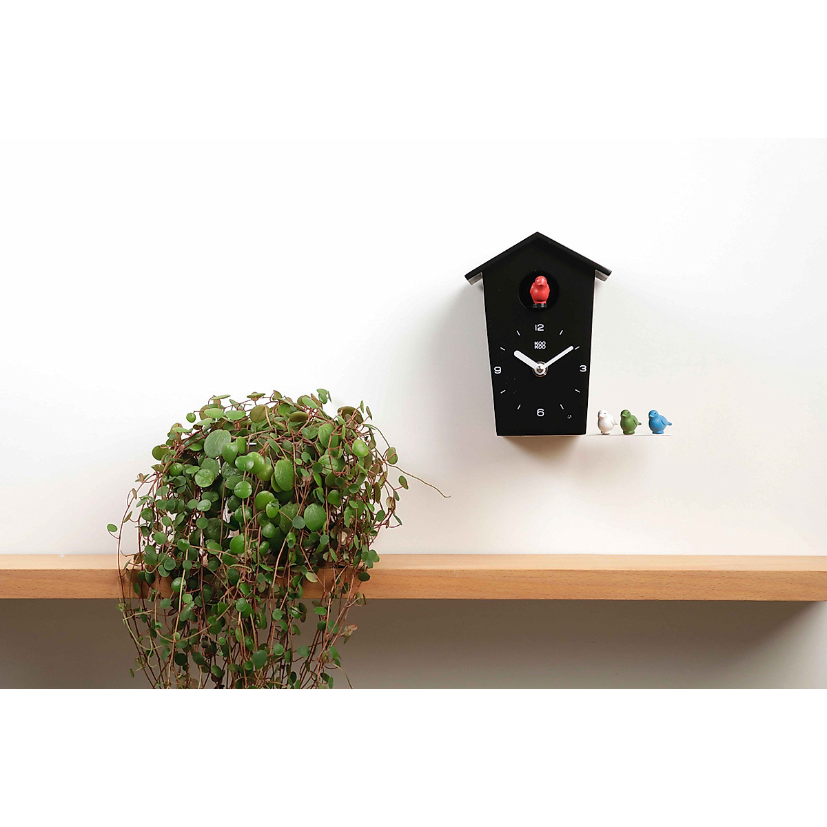 KOOKOO BirdHouse mini black, tiny modern cuckoo clock with 12 natural bird songs or cuckoo call
