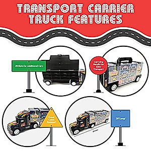 Toy Truck Transport Car Carrier Toy for Boys and Girls Age 3-10 yrs Old - Hauler Truck Includes 6 Toy Cars and Accessories - Car Truck Fits 28 Car Slots - Ideal Gift for Kids