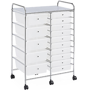 Yaheetech 15 Drawers Rolling Storage Cart Multipurpose Mobile Rolling Utility Storage Organizer Cart Tools Scrapbook Paper Organizer on Wheels, White