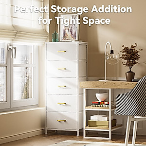 GipGiper White Tall Dresser for Bedroom with 5 Drawers for Closet, Chest of Drawers with Metal Handle, Leather Front, Wood Top, Dresser for Closet, Living Room, Nursery, White