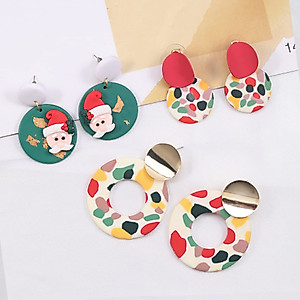Christmas Polymer Clay Earrings for Women, Handmade Cute Funny Drop Dangling Fall Stud Boho Bohemian Santa Holiday Earrings Vintage Oval and Round Shape Teacher Earring Pendant Jewelry