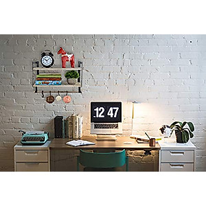 Spiretro Floating Shelves 2 Tier Wall Shelf, Spice Rack with Towel Tissue Bar, Metal Hooks Organize Mugs Utensils, Home Storage for Kitchen, Bathroom, Rustic Wood_Grey