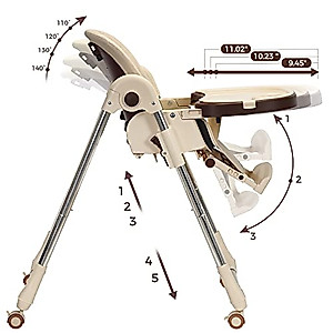 Foldable Highchair for Babies & Toddlers, Multiple Adjustable Backrest, Detachable PU Leather Cushion, Built-in Rear Wheels, PU Leather Cushion (Brown)