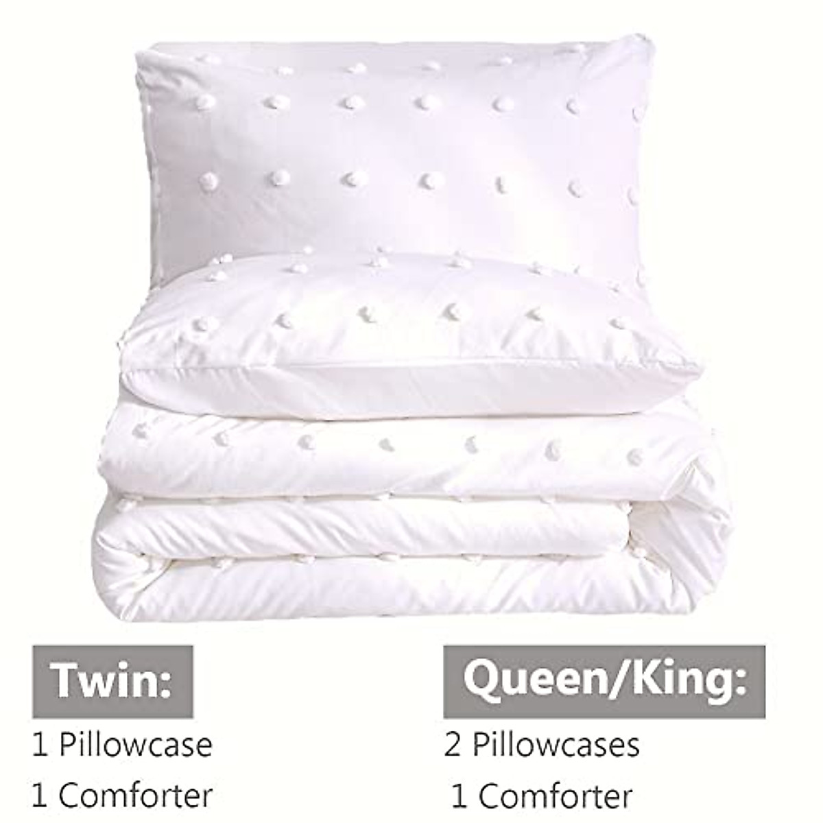 Paxrac Tuffed White Comforter Set King Size(104x90 inches), 3 Pieces- Soft Cotton Lightweight Comforter with 2 Pillowcases, Chenille Dots All Season Down Alternative Comforter Set for Bedding