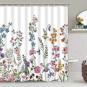 DDQQ 4Pcs Flower Shower Curtain Set with Non-Slip Rugs, Toilet Lid Cover and Bath Mat, Colorful Floral Shower Curtain with 12 Hooks, Waterproof Watercolor Boho Bath Curtain for Bathroom Decor