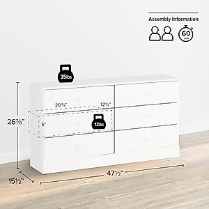 Prepac Astrid 6 Drawer Double Dresser for Bedroom, Wide Chest of Drawers, Bedroom Furniture, Clothes Storage and Organizer, 15.5" D x 47.5" W x 26.85" H, White
