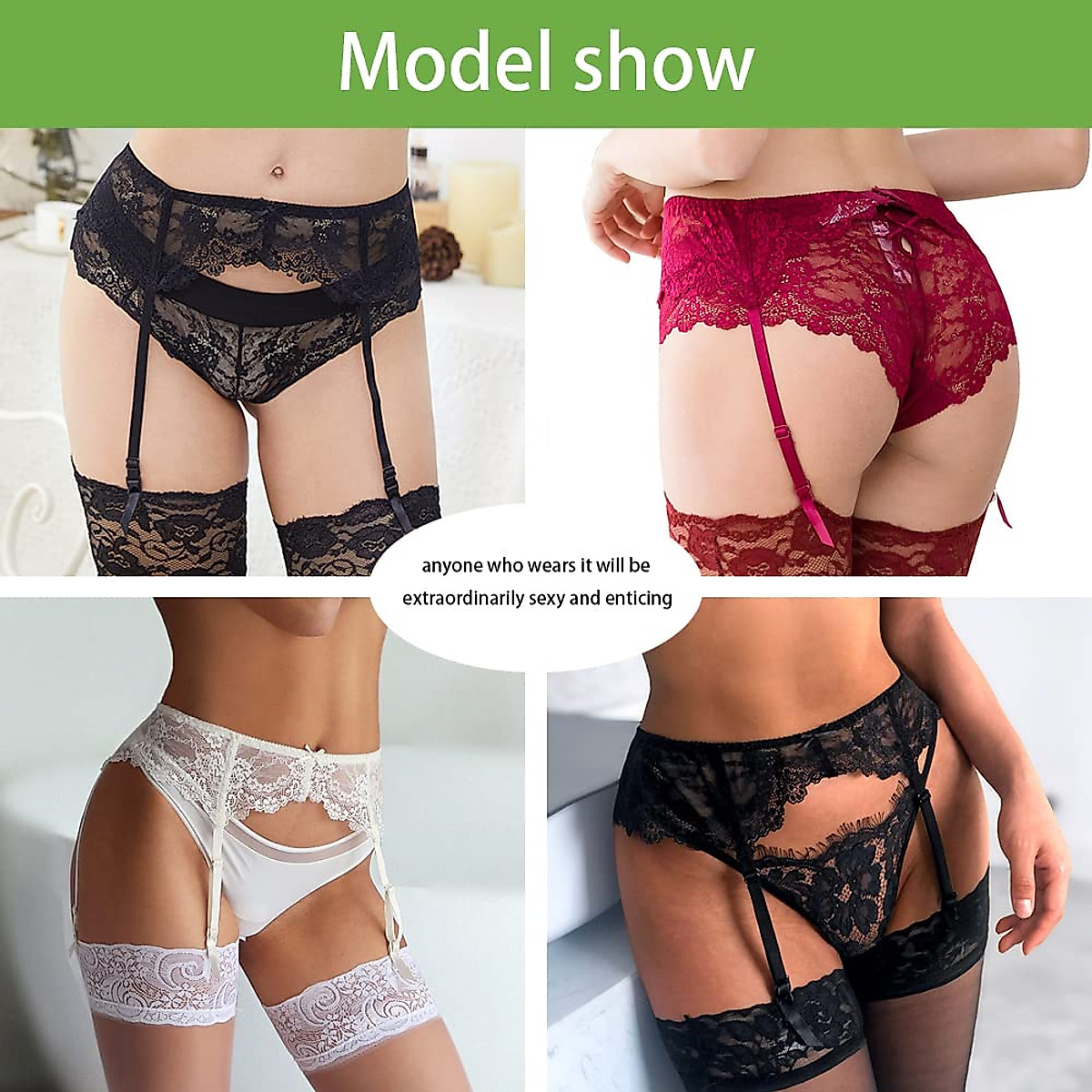 CITUYER Sexy Lace Adjustable Garter Belt High Waisted Hollow Out Lace Suspender Garter Belts for Women (White-L)