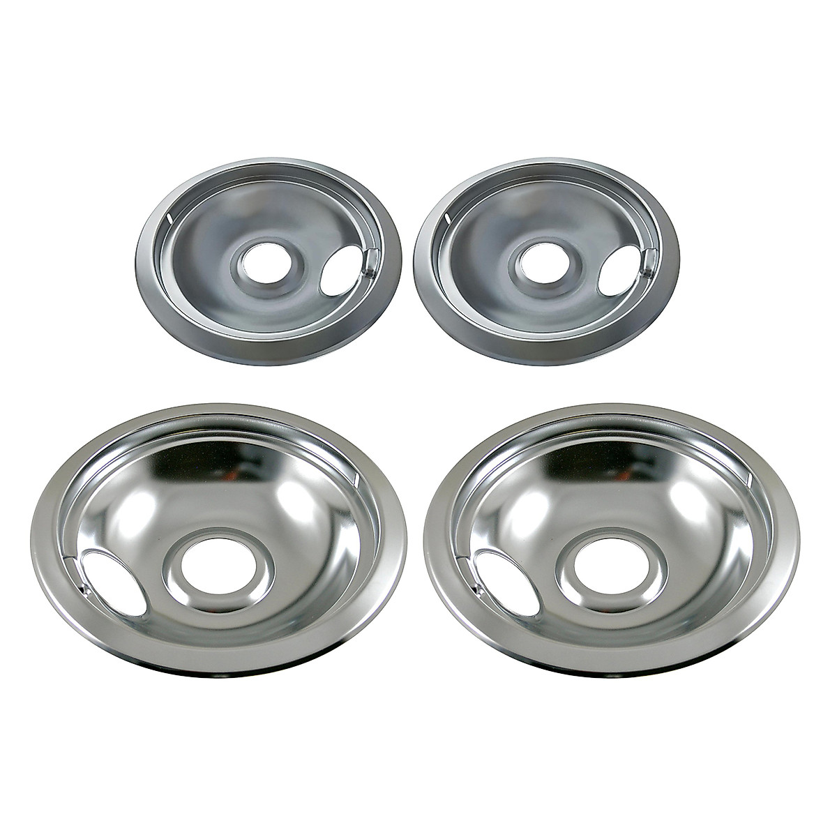 KITCHEN BASICS 101 Made in the USA 316048413 & 316048414 Range Burner Chrome Drip Pans Replacement for Frigidaire Kenmore Electric Stove w/Locking Slots, 2 Small 6-Inch & 2 Large 8-Inch Pans, 4 Pack