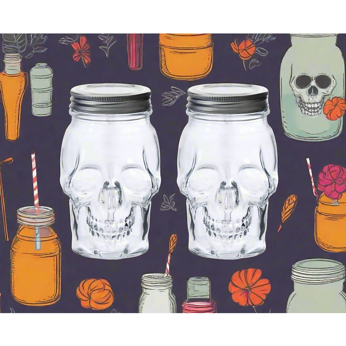 DURA LIVING Set of 2 Skull Mason Jar Glasses with Lids | 16oz Reusable Halloween Drinking Glasses | Unique Skull Décor, Storage, & Canning Jars for Parties & Gifts