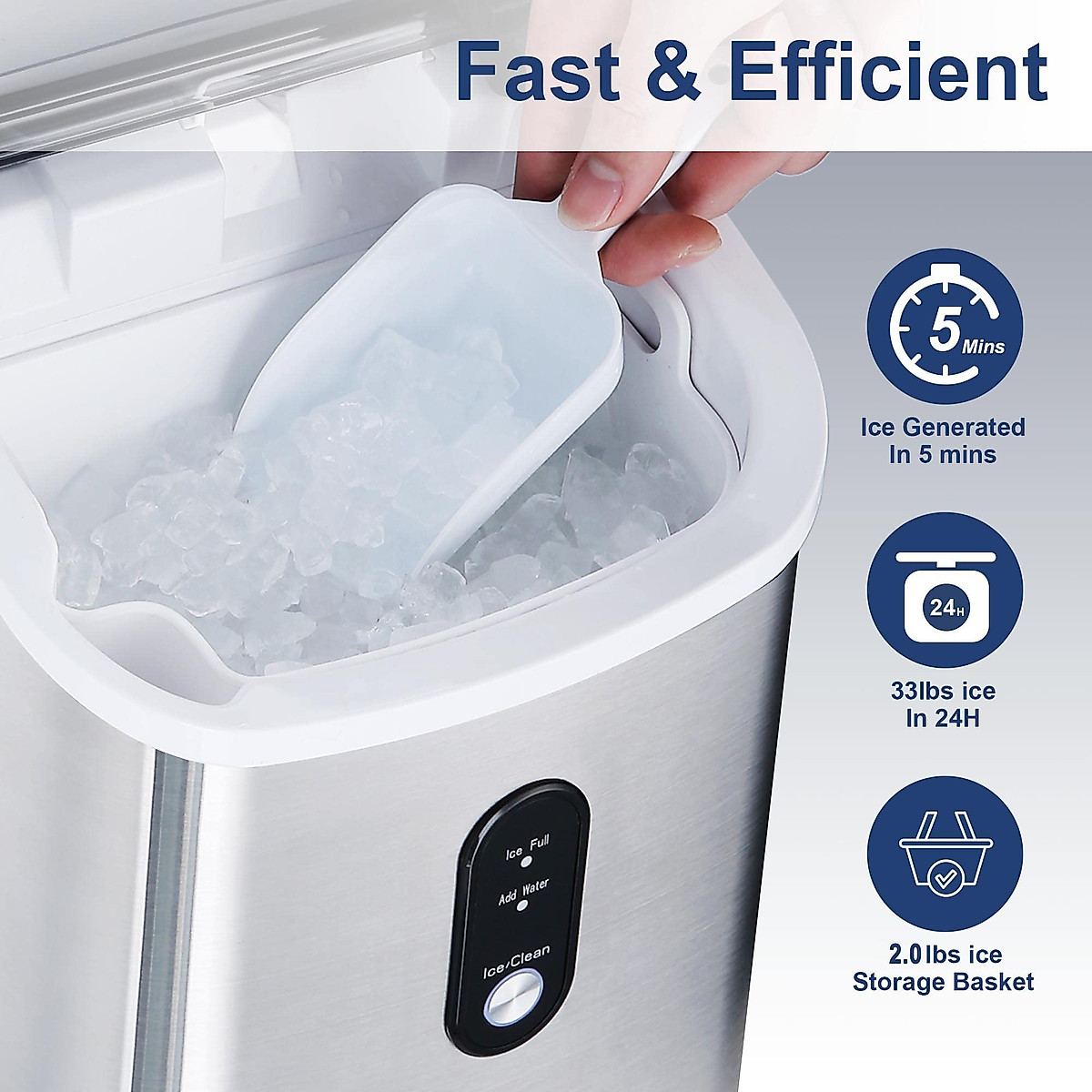 HUMHOLD Nugget Ice Maker Countertop, 33Lbs Chewable Pebble Ice Per Day, Auto Self Cleaning, Crunchy Pellet Ice Cubes Maker Machine, Portable Compact Design for RV/Home/Kitchen/Office