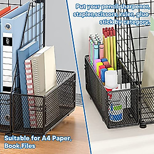 Magazine Holder Rack, Vertical Desk File Organizer,Metal Mesh Folder Binder Holder with 3 Adjustable File Compartments 2 Pen Organizers, Paper File Rack Home Office Desk Organizers and Accessorie