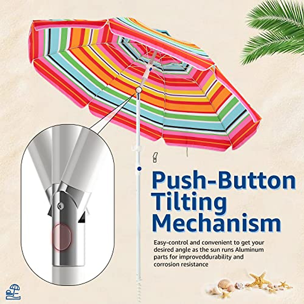 ROWHY 6.5FT Beach Umbrella UV 50+ Outdoor Portable Sunshade Umbrella With Push Button Tilt Sand Anchor and Carry Bag for Patio Garden Beach Pool Backyard (Red and Orange Stripe)