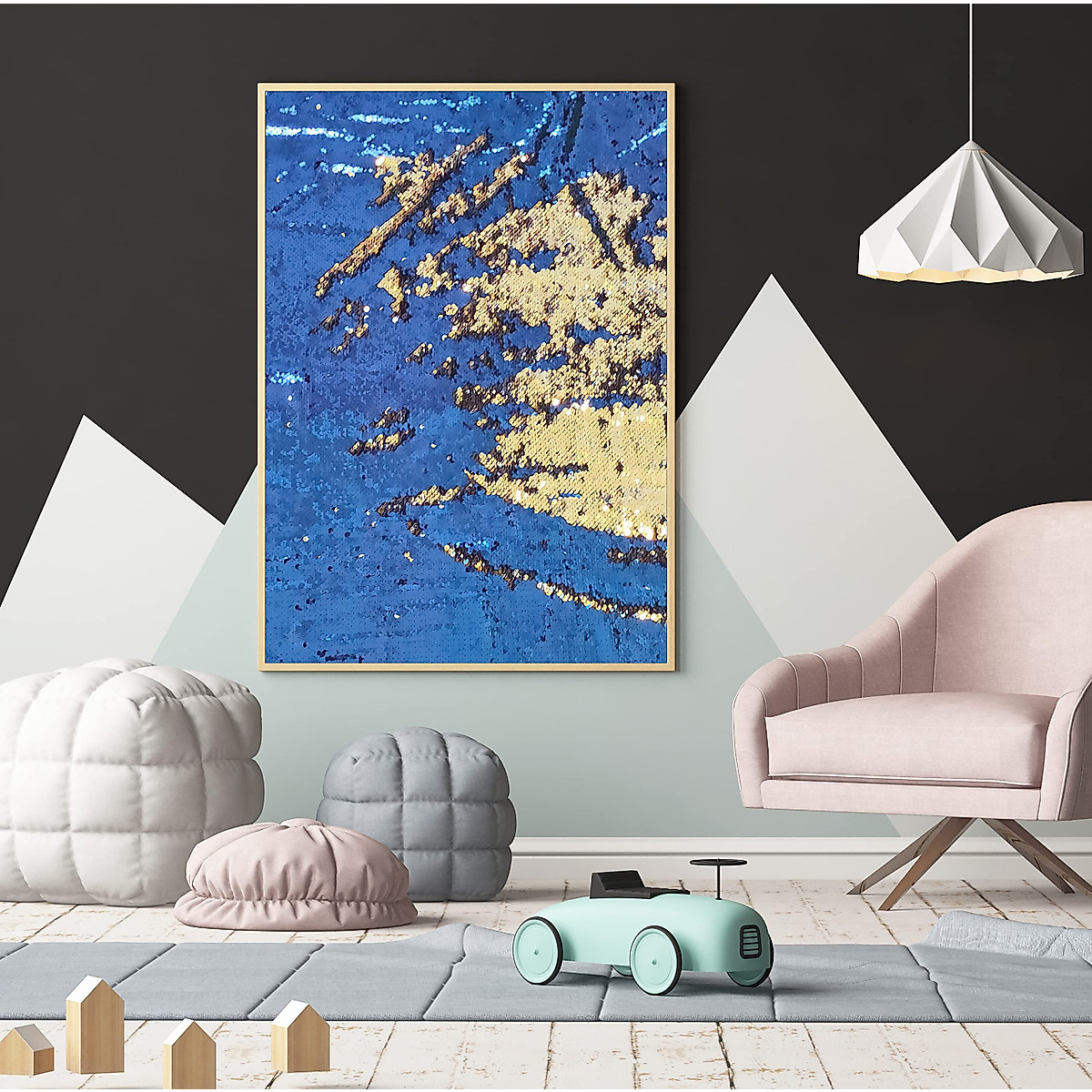 Sensory Wall Sequin Flip Fabric for Kids,0.2" Large Sequins Sensory Graffiti Fabric for Toddlers,Tactile Stimulation,Reversible Glitter Fabric (1 yd, Sapphire Blue + Silver)