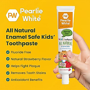 Pearlie White All Natural Fluoride Free Kids Toothpaste 1.58oz/45gm | Extra Gentle Enamel Safe Toothpaste | Helps Fight Against Plaque Formation | Under 30 RDA | Natural Strawberry Flavor
