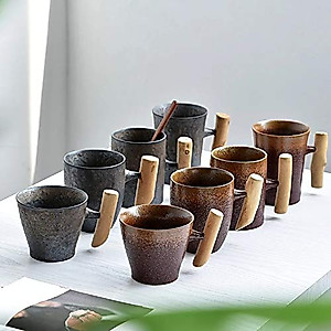 Rewhey Japanese-style Vintage Ceramic Coffee Mug Tumbler Rust Glaze Tea Milk Beer Mug with Wood Handle Water Cup Home Office Drinkware (Style-3 B)