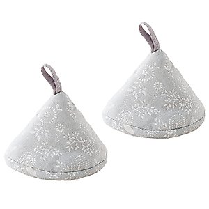 2Pcs Cotton Pot Handle Holder, Heat Resistant Cloth Pot Clip Covers Cooking Gloves Oven Mitt Mini Triangle Insulation Non-Slip Pot Lid Hats for Kitchen Cooking Baking Grilling (Flower-Light Grey)