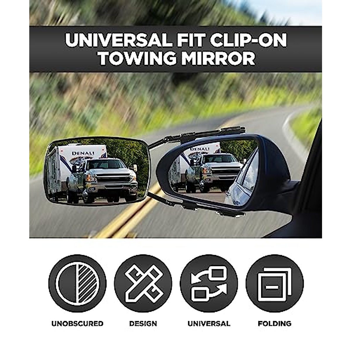 AOCISKA Car Tow Mirrors,Universal Clamp-On Towing Mirror 360 Degree Rotation Adjustable Towing Mirror,RV Leveling Blocks Rear View Side Clip on Mirror Extensions for Towing