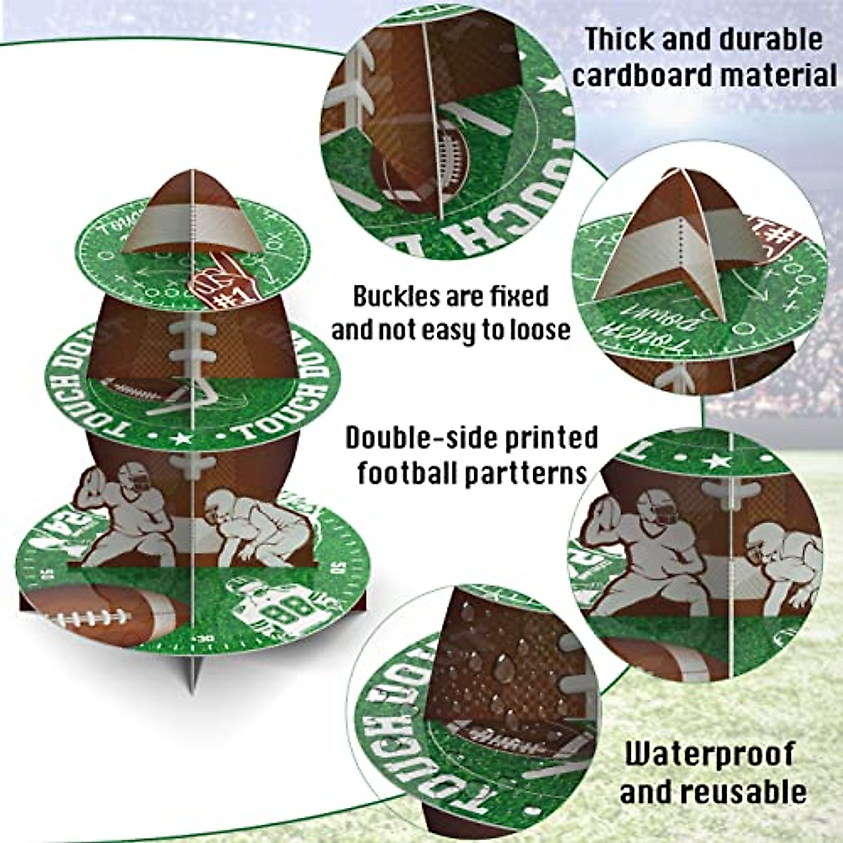 Football Cupcake Stand Decoration,3 Tier Party Cupcake Baby Shower Sports Dessert Holder Football Stadium Snack Tray Stand Tower Cake Stand for Kids Birthday Football Sport Party Supplies (Football)