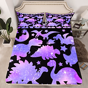 Full Size Dinosaur Bed Sheet Set Boys Girls 3D Dino Print Fitted Sheet for Kids Women Men Ultra Soft Purple Galaxy Animals Bedding Set Jungle Dino Bed Cover Room Decor