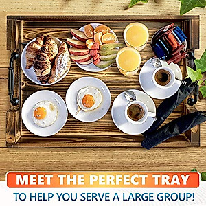 Decorative Large Rustic Wooden Tray 19.5”, Black Sleek Metal Handles, Great for Kitchen, Serving Coffee, Wine, Dinning Centerpiece, Breakfast in Bed, Bathtub Accessory, Farmhouse Home Décor (Brown)