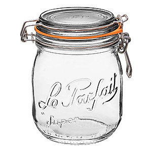 Le Parfait Super Jar, Canning Jars, 750mL French Glass Canning Jar w/Round Body, Glass Jars w/Airtight Lid, Canning Jar Wide Mouth, Glass Jar w/Lid, Clear Jars, Clear Glass Jar (24oz/Pint & Half, 1pk)