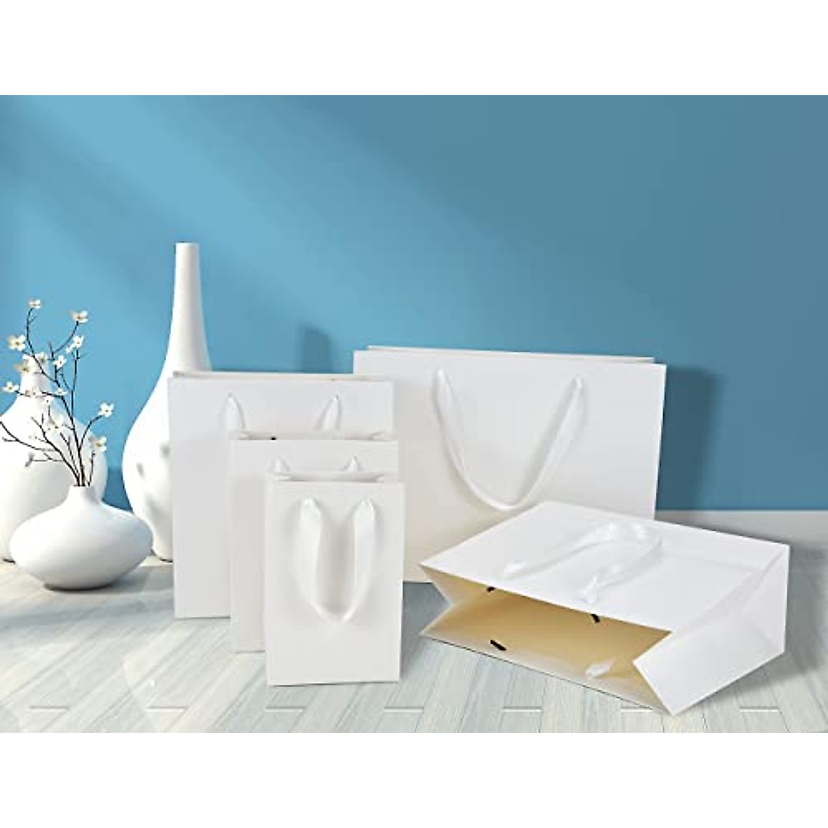 HUAPRINT White Paper Bags,White Gift Bags,Shopping Bags with Handles,20 Pack Small Gift Bags,7x4x9inch,Retail Bags,Party Favor Bags,Merchandise Business Bags,Wedding Bags