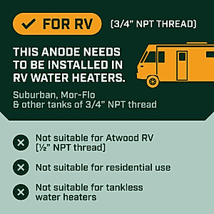 Corro-Protec RV Anode Rod for Hot Water Heater, 20-Year Warranty Powered Anode, Permanently Stops Corrosion to Extend Water Heater Life Expectancy, Eliminate Hot Water Sulfur Smell & Fits All Suburban