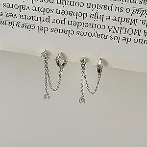 Cute Teardrop CZ Charm Threader Chain Cuff Dangle Drop 925 Sterling Silver Small Hoop Round Cubic Zirconia Stud Double Piercing Cartilage Earrings for Women Dainty Huggie Hoops Short Tassel Dangling Two Holes Climber Crawler Hypoallergenic Jewelry Gifts B