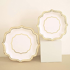 Tableclothsfactory 25 Pack | White/Gold 8" Scallop Rim Dessert Party Paper Plates, Disposable Appetizer Salad Plates - 300 GSM